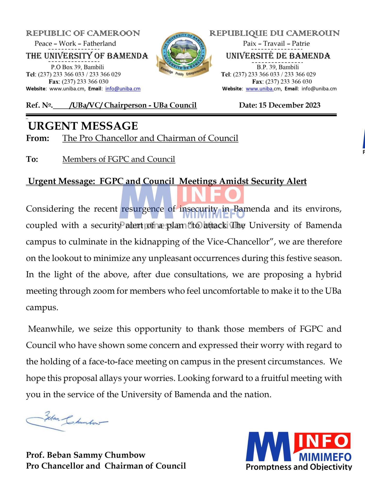 Imminent Security Threat at the University of Bamenda - Source - MMI ...